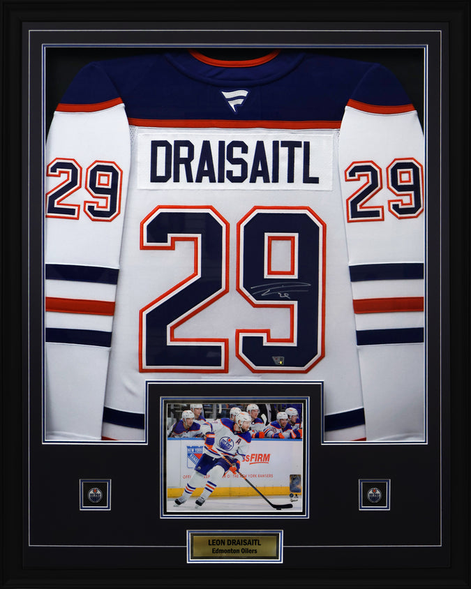 Leon Draisaitl Signed Jersey Framed 34x42 Edmonton Oilers White Fanati ...